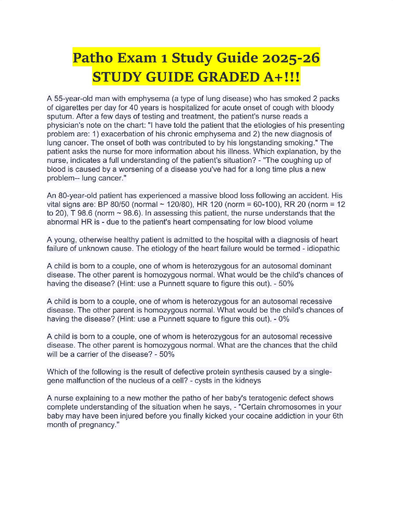 Patho Exam 1 Study Guide 2025-26 STUDY GUIDE GRADED A+!!! | Exams ...
