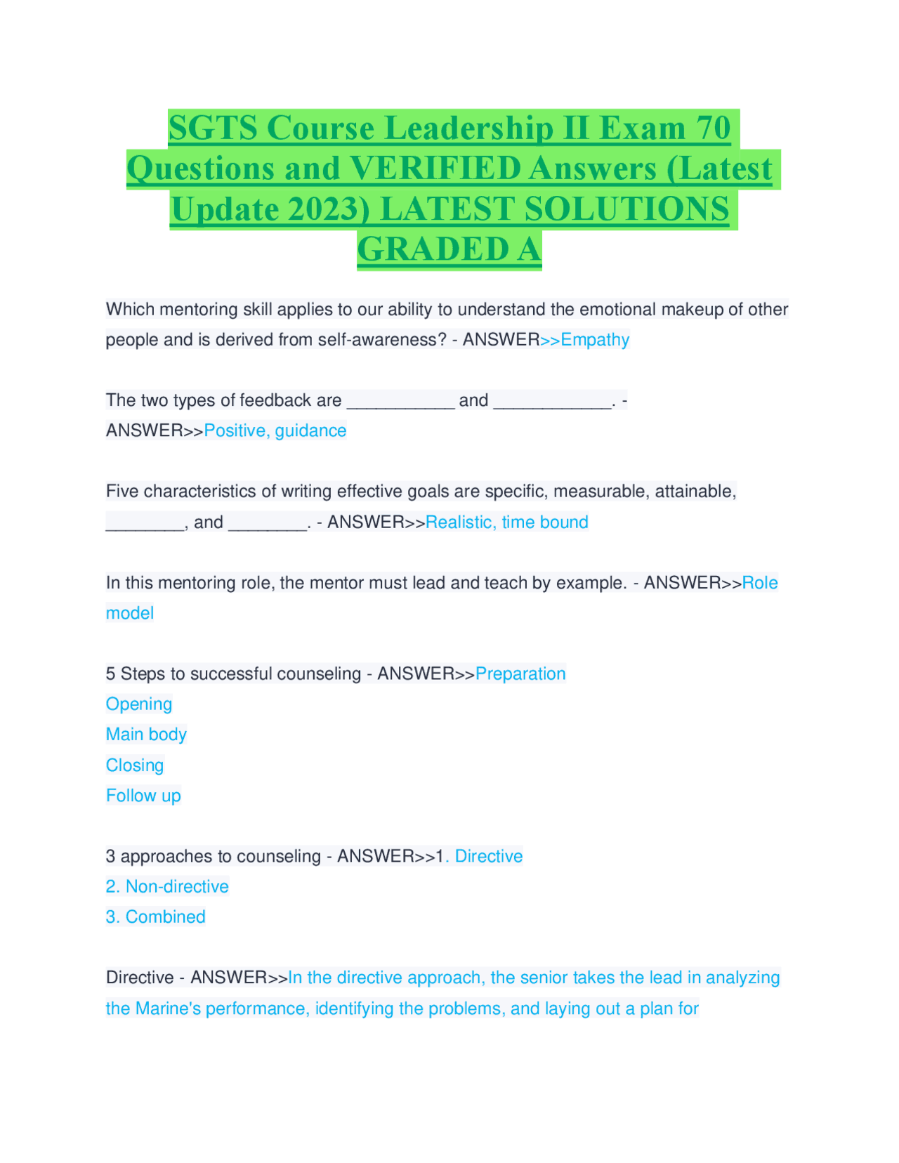 SGTS Course Leadership II Exam 70 Questions and VERIFIED Answers ...