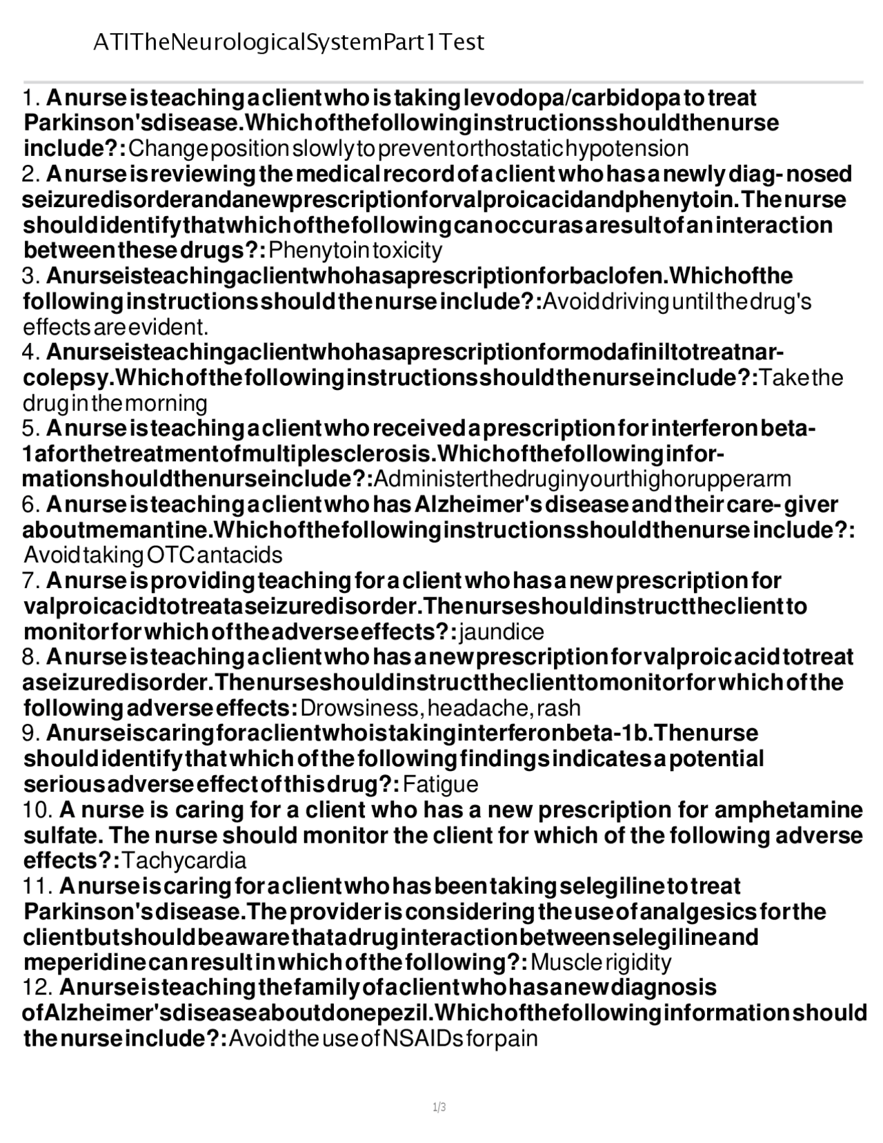 ATI THE NEUROLOGICAL SYSTEM (PART 1) QUESTIONS AND ANSWERS GRADED A+ NEWEST VERSION. | Exams ...