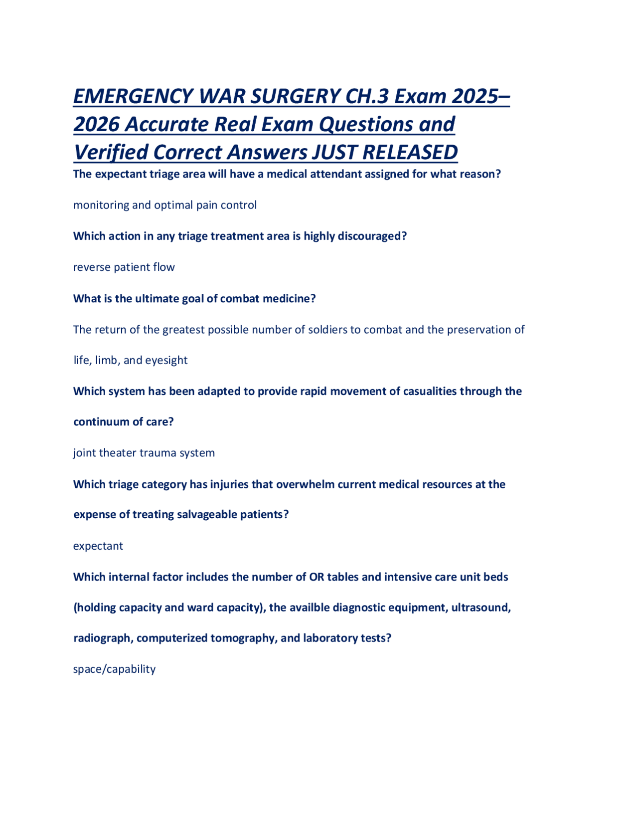 EMERGENCY WAR SURGERY CH.3 Exam 2025–2026 Tactical Combat Casualty Care ...