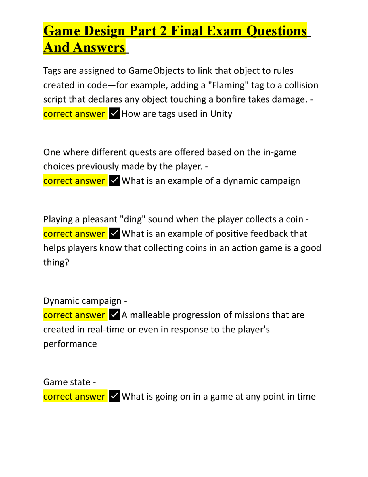 Game Design Part 2 Final Exam Questions And Answers | Exams Designs and ...