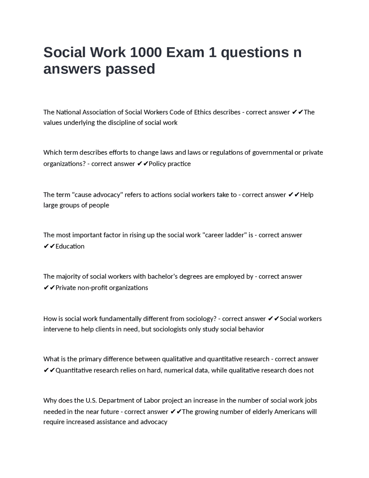 Social Work 1000 Exam 1 questions n answers passed | Exams Nursing ...