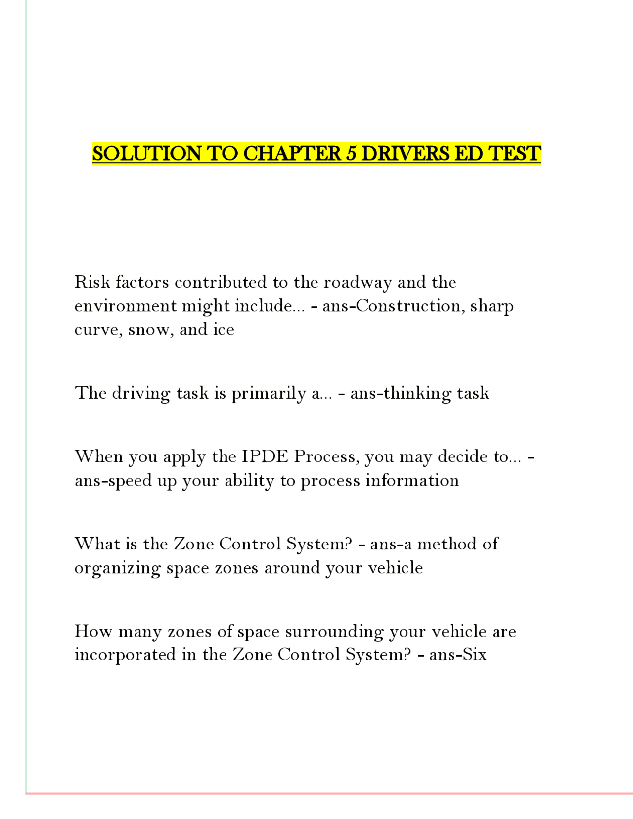 SOLUTION TO CHAPTER 5 DRIVERS ED TEST.pdf | Exams Nursing | Docsity