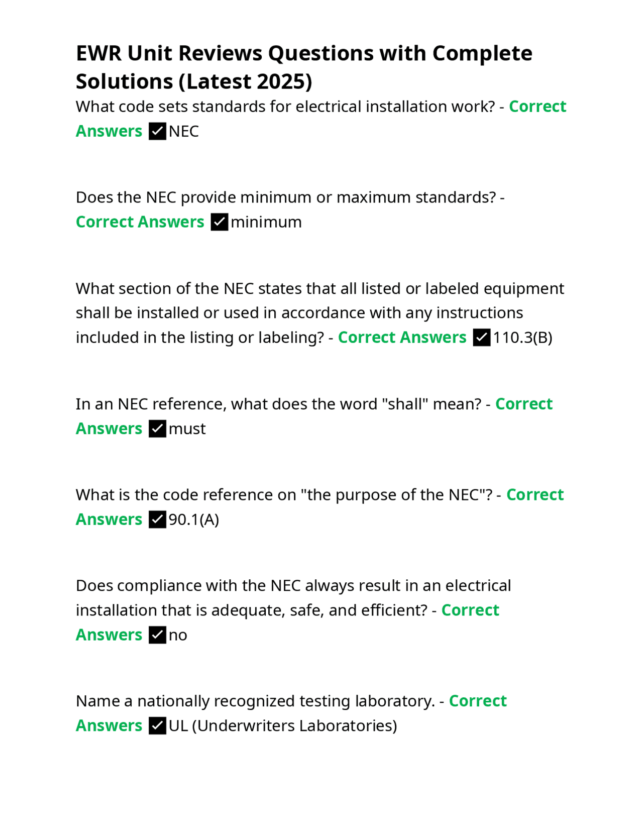 EWR Unit Reviews Questions with Complete Solutions (Latest 2025 ...