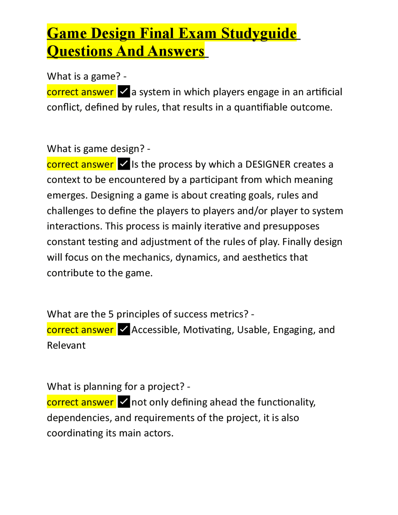 Game Design Final Exam Studyguide Questions And Answers | Exams Nursing ...