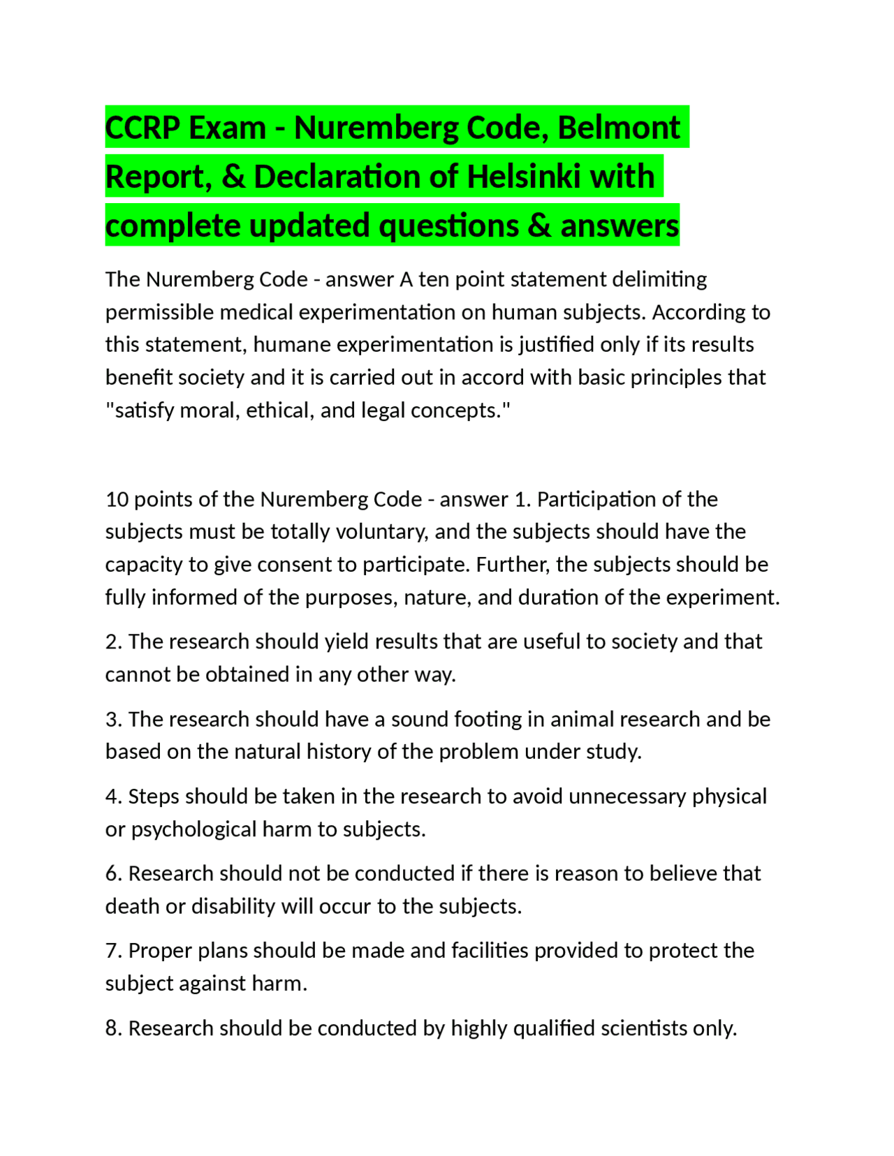 CCRP Exam - Nuremberg Code, Belmont Report, & Declaration of Helsinki ...