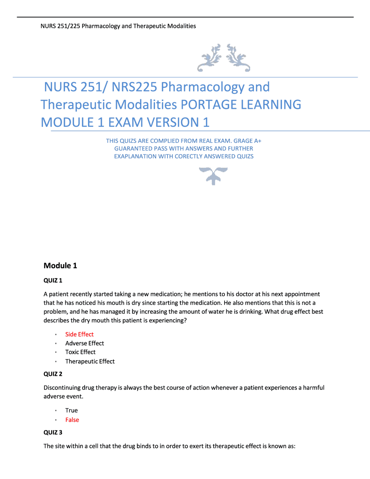 Nurs 251 nrs225 pharmacology and therapeutic modalities portage learning module 1 exam ver ...