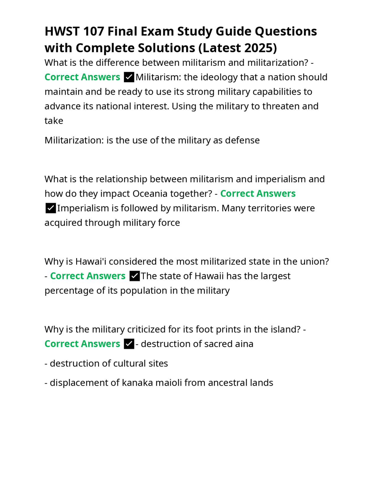HWST 107 Final Exam Study Guide Questions with Complete Solutions ...