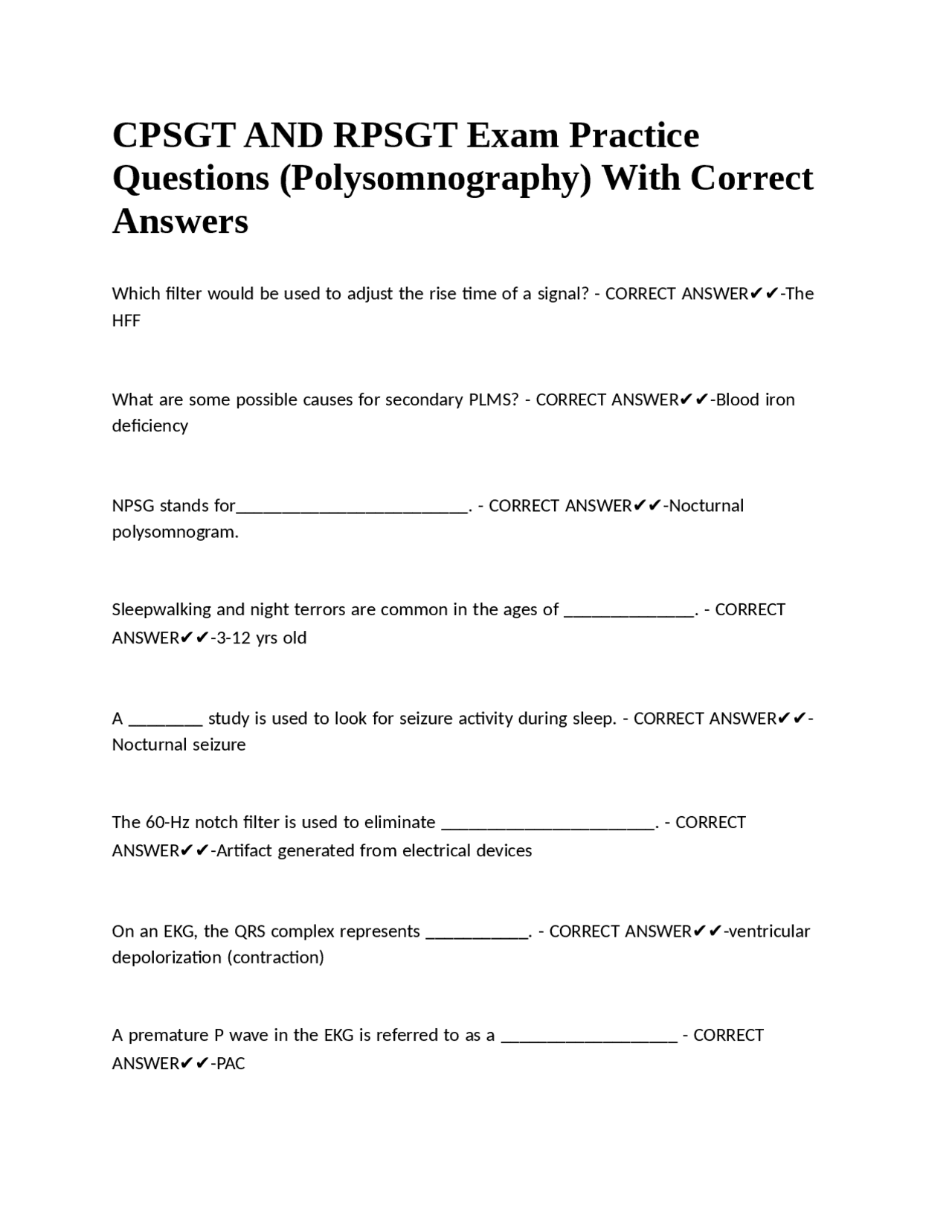 CPSGT AND RPSGT Exam Practice Questions (Polysomnography) With Correct ...
