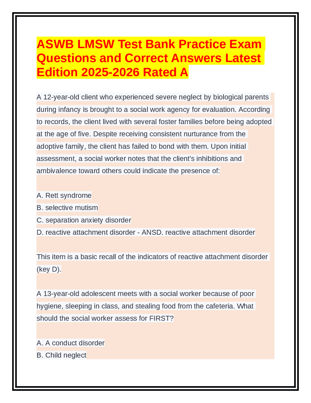 ASWB LMSW Test Bank Practice Exam Questions $ Answers Latest 2025 ...