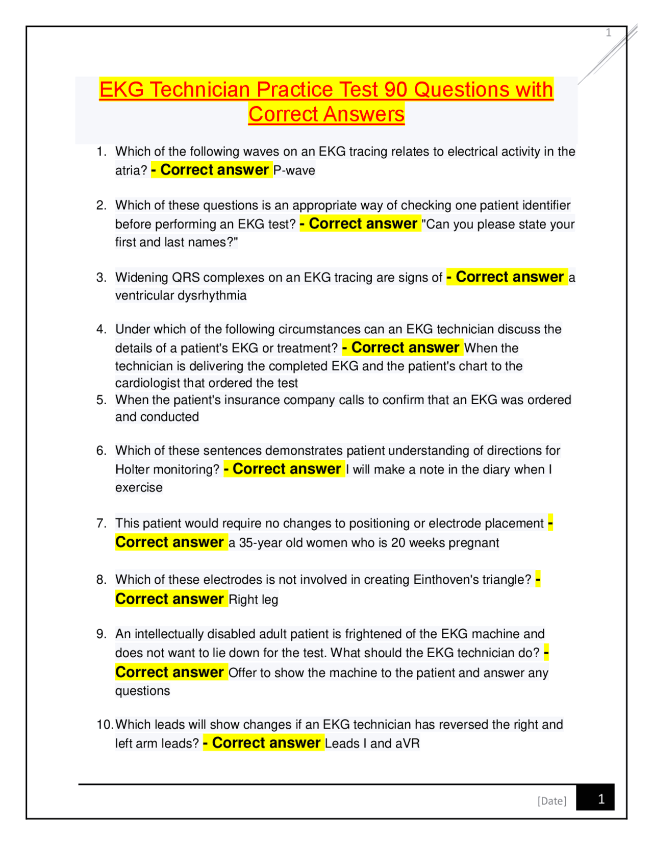 EKG Technician Practice Test 90 Questions with Correct Answers | Exams ...