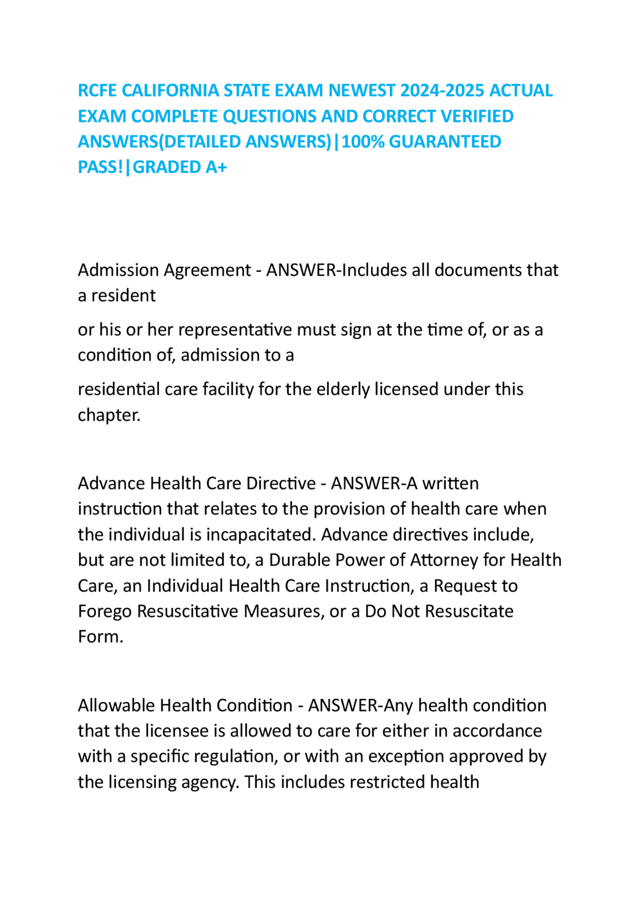 RCFE CALIFORNIA STATE EXAM NEWEST 2024-2025 ACTUAL EXAM COMPLETE ...