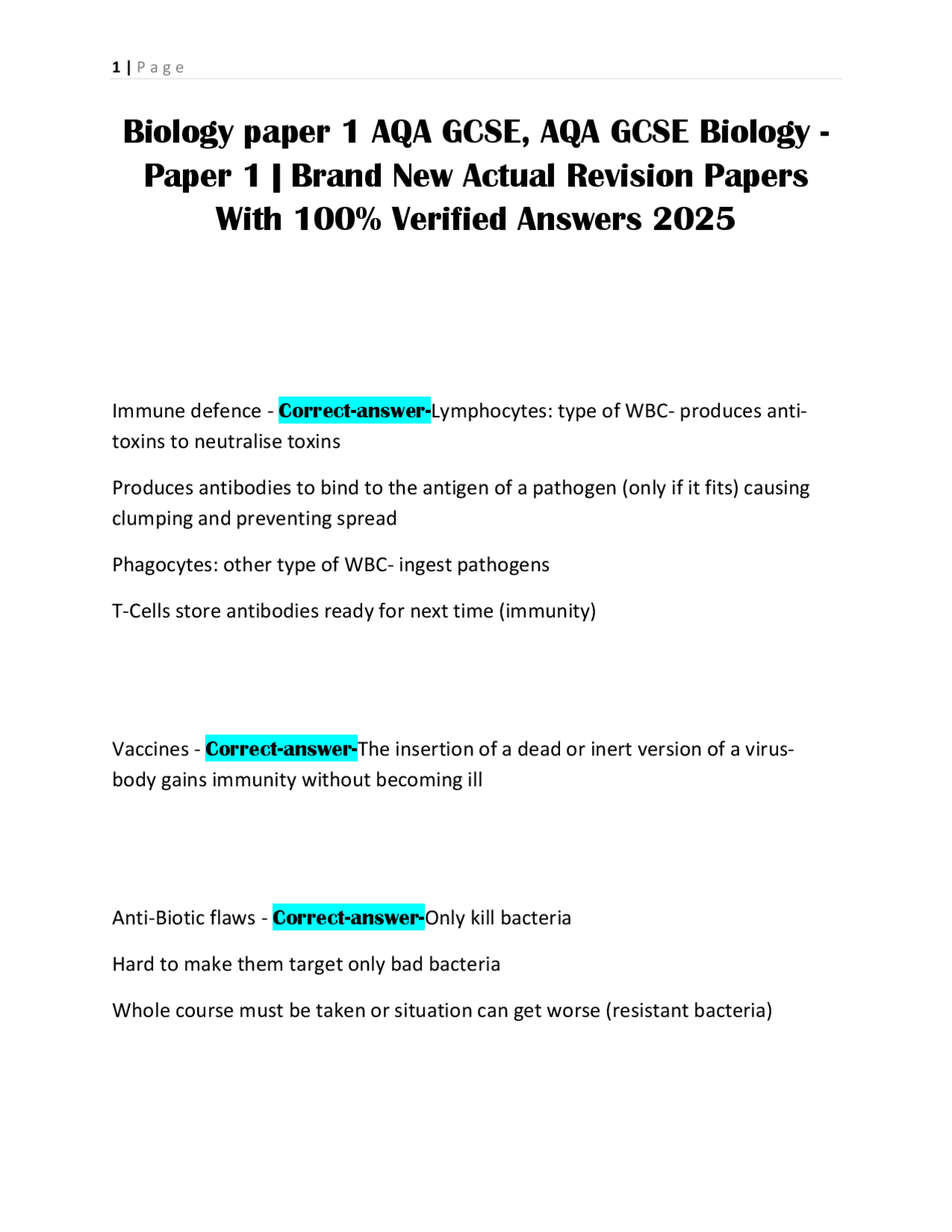 AQA GCSE Biology Paper 1 Revision Notes: Immune Defense, Photosynthesis ...