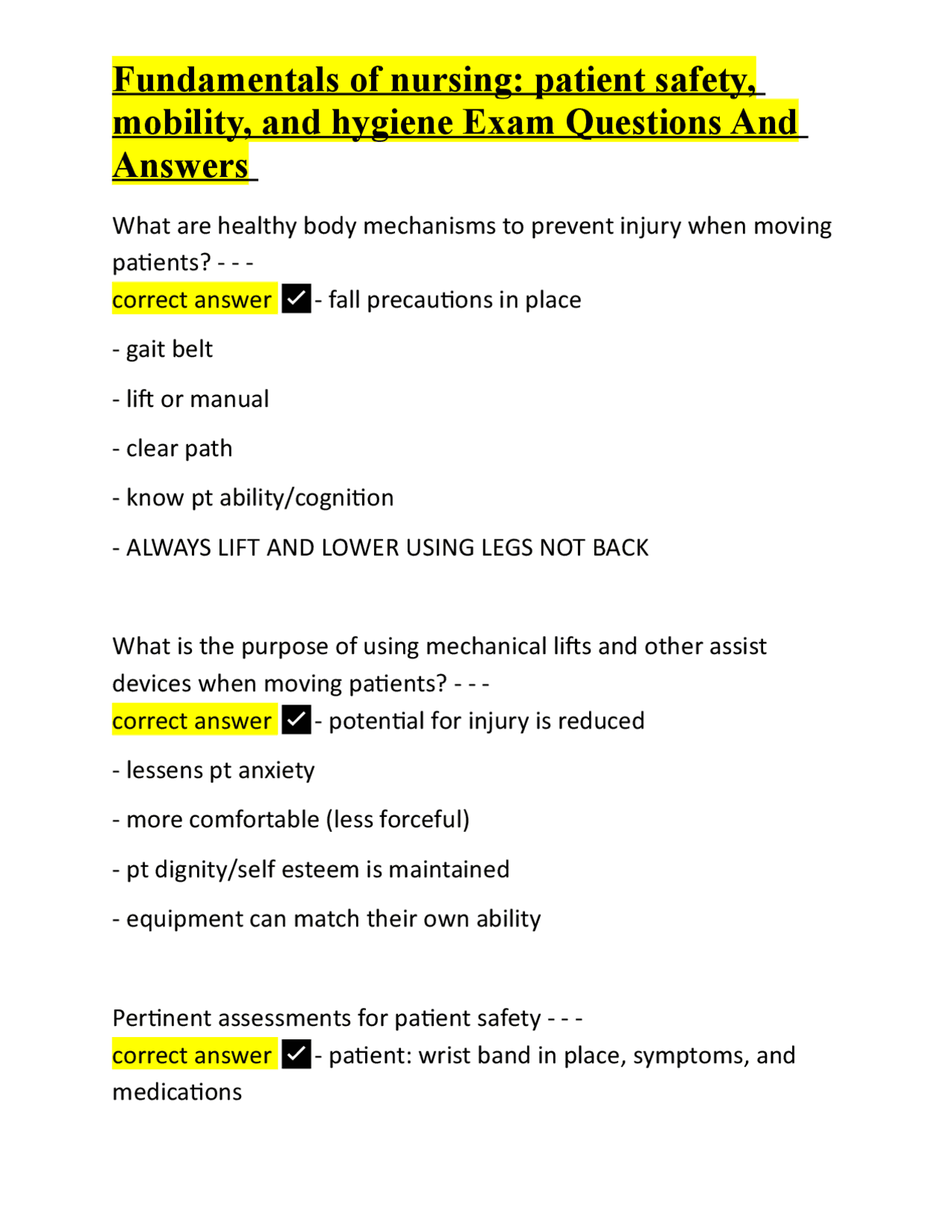 Fundamentals of nursing patient safety, mobility, and hygiene Exam ...