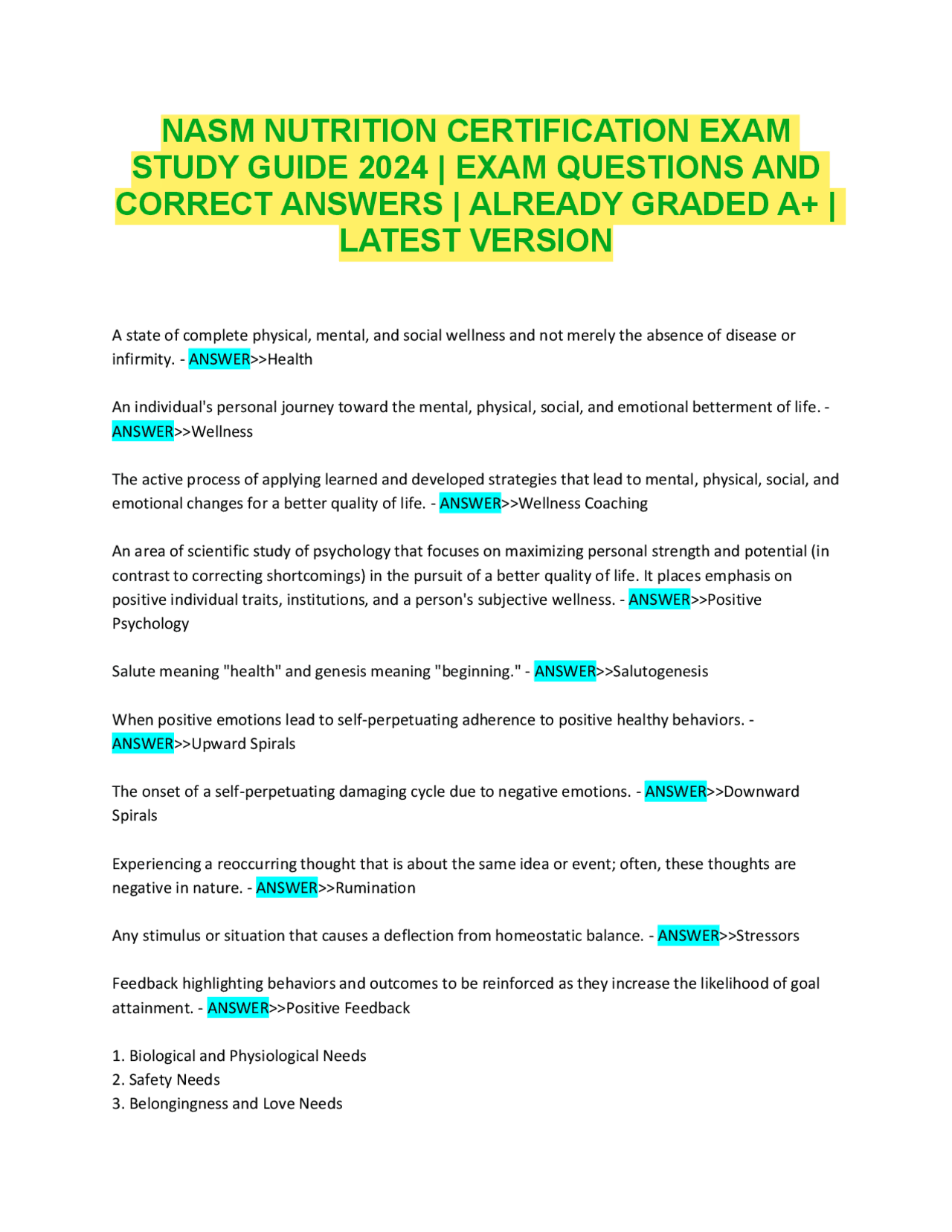 NASM NUTRITION CERTIFICATION EXAM STUDY GUIDE 2024 | EXAM QUESTIONS AND ...
