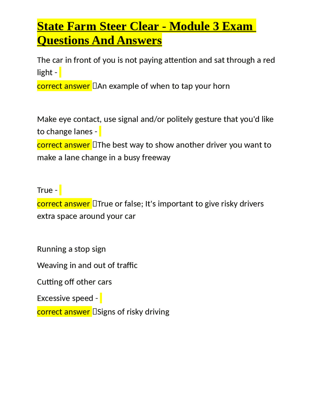 State Farm Steer Clear - Module 3 Exam Questions And Answers | Exams ...