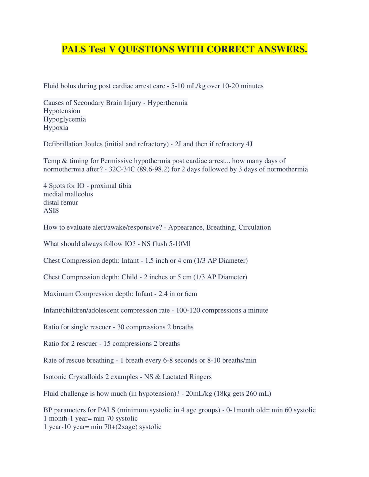 PALS Test V QUESTIONS WITH CORRECT ANSWERS. | Exams Medicine | Docsity