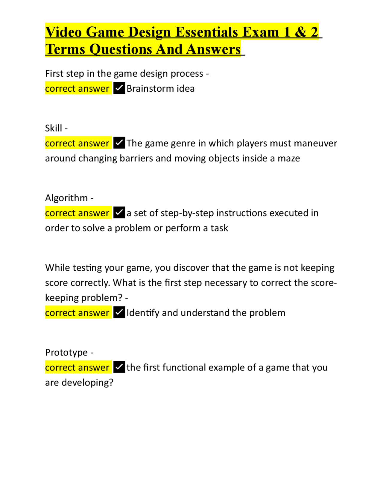 Video Game Design Essentials Exam 1 & 2 Terms Questions And Answers ...