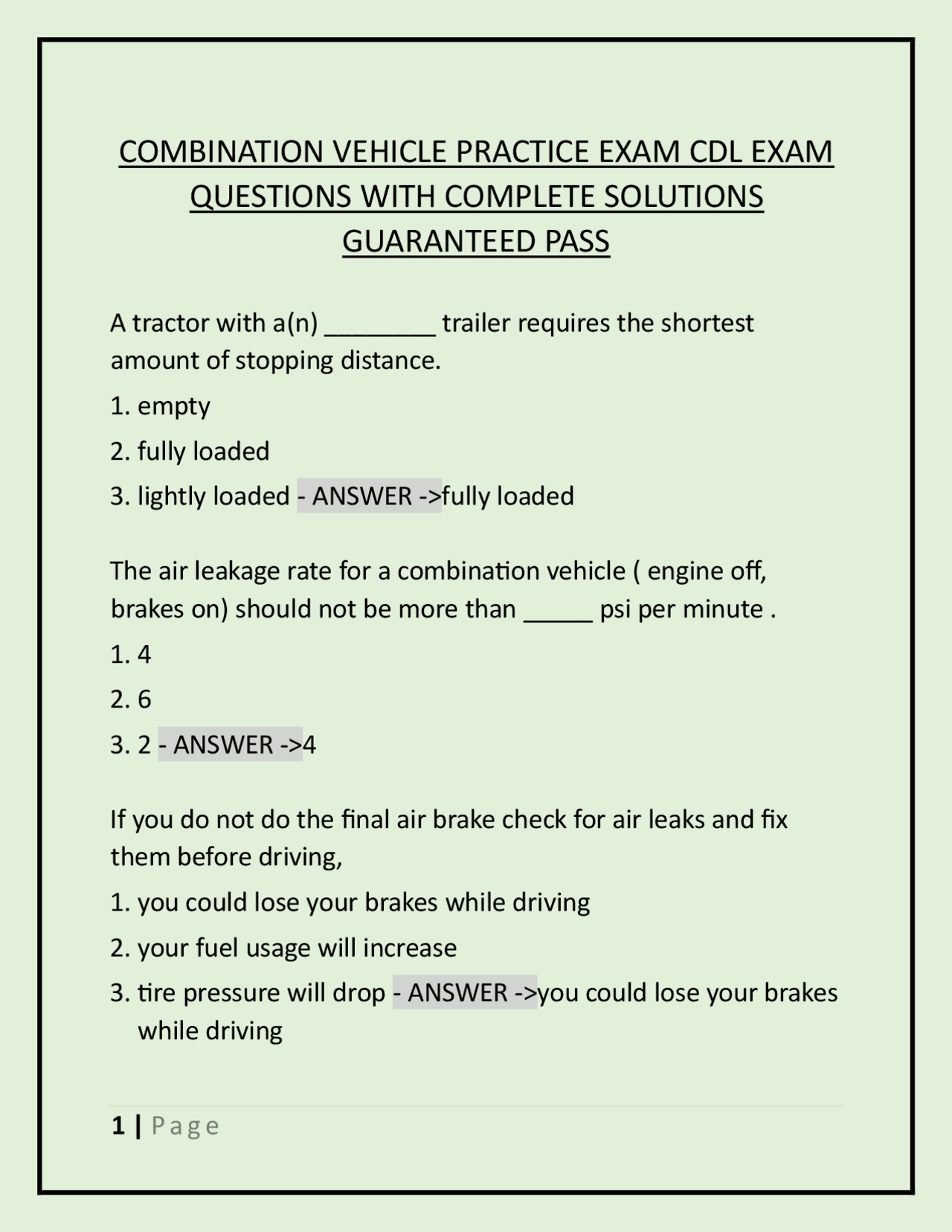 COMBINATION VEHICLE PRACTICE EXAM CDL EXAM QUESTIONS WITH COMPLETE ...