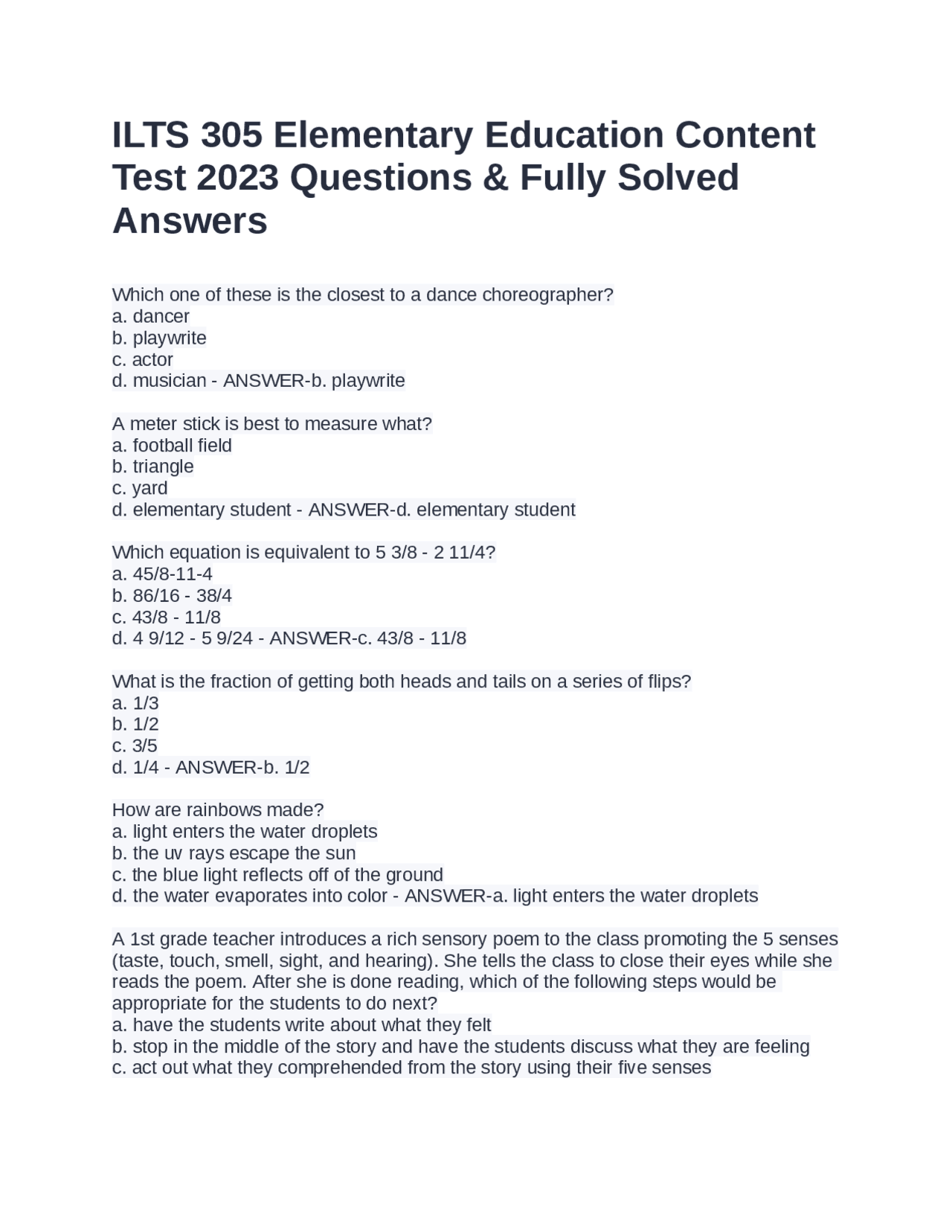 ILTS 305 Elementary Education Content Test 2023 Questions & Fully ...