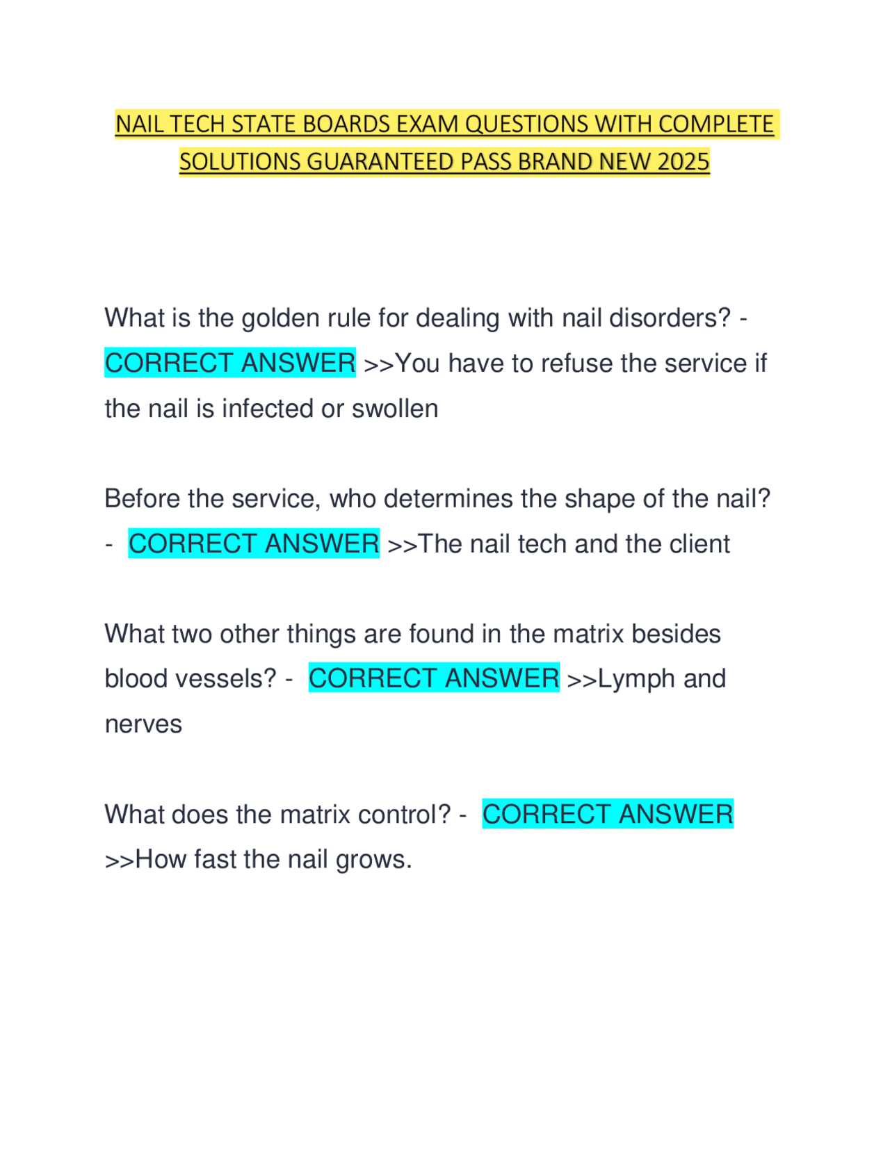 NAIL TECH STATE BOARDS EXAM QUESTIONS WITH COMPLETE SOLUTIONS ...