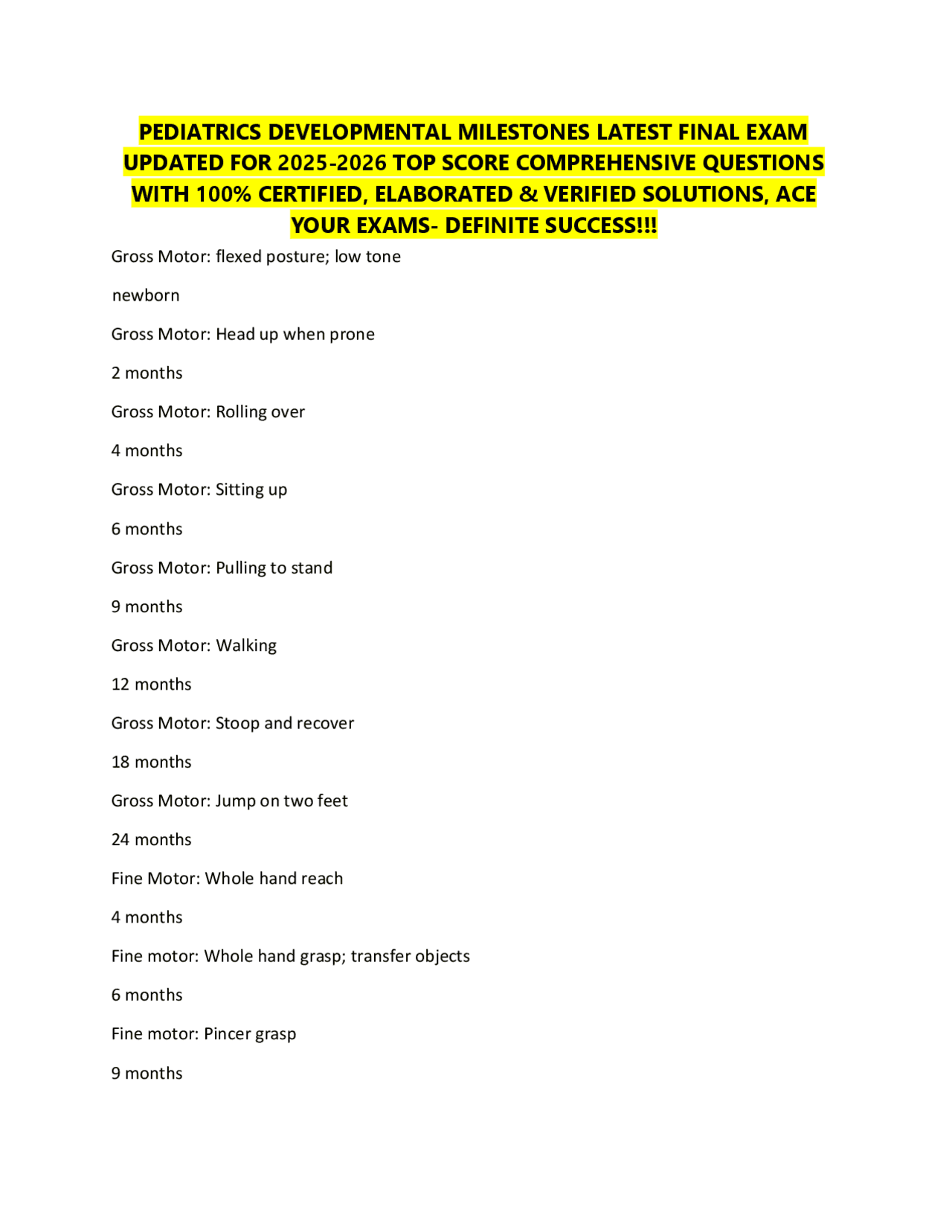 PEDIATRICS DEVELOPMENTAL MILESTONES LATEST FINAL EXAM UPDATED FOR 2025 ...