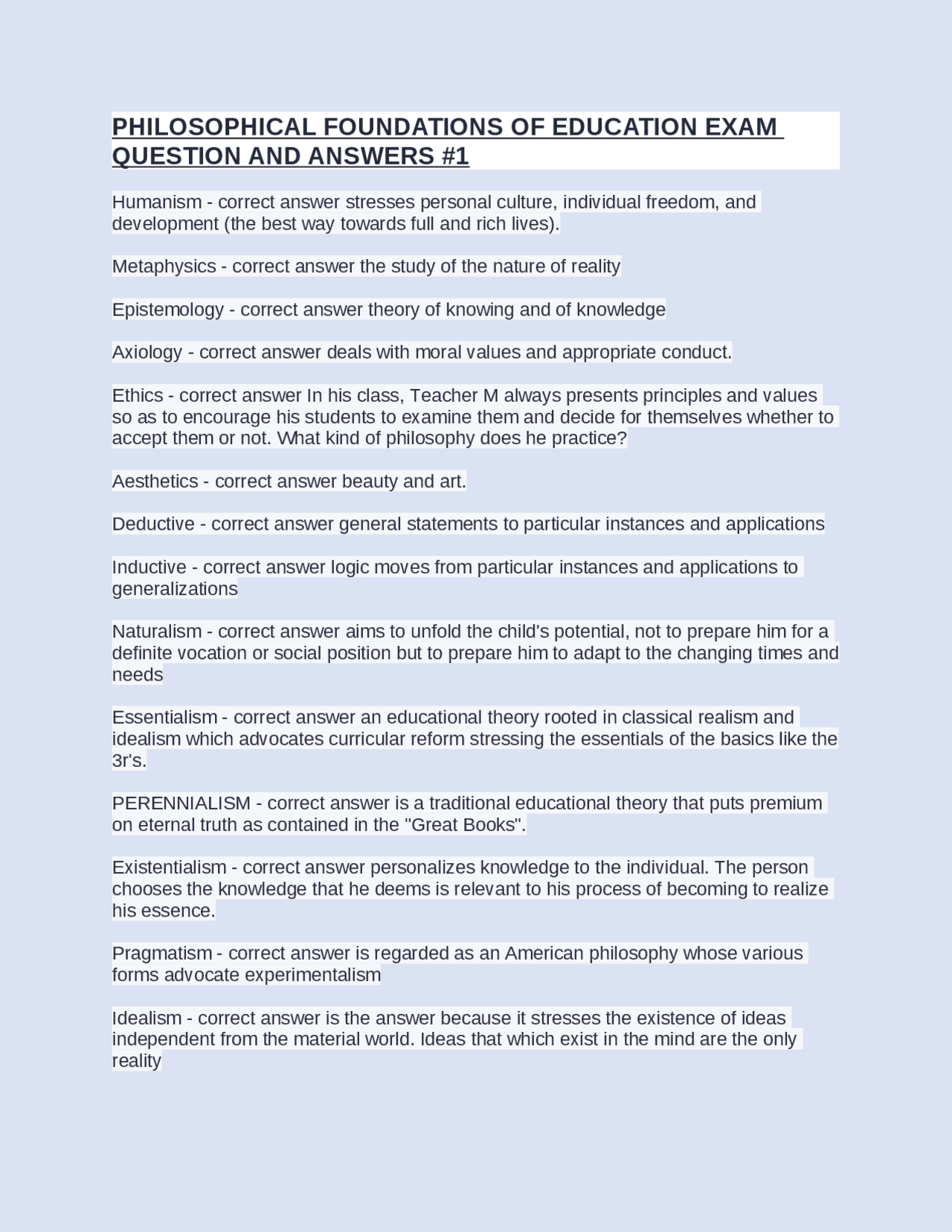 PHILOSOPHICAL FOUNDATIONS OF EDUCATION EXAM QUESTION AND ANSWERS #1 ...