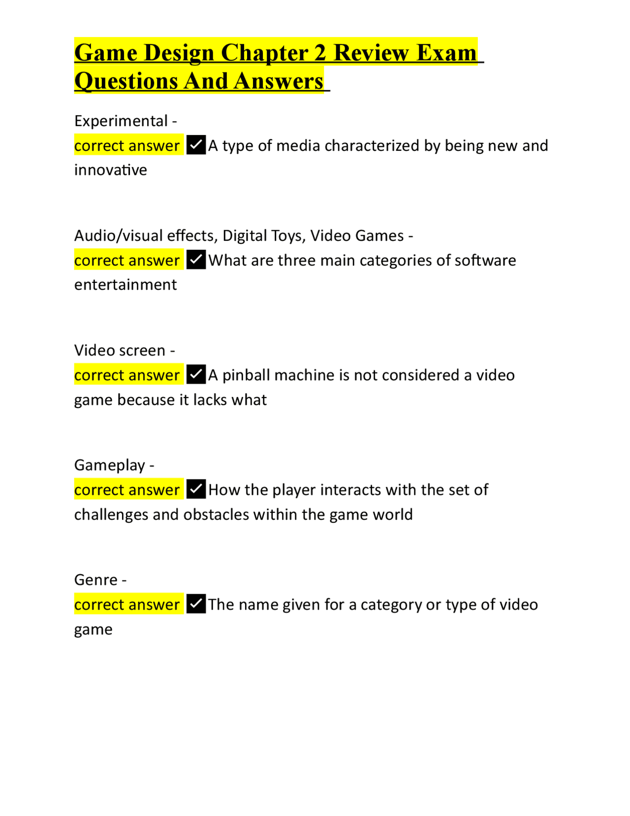 Game Design Chapter 2 Review Exam Questions And Answers. | Exams ...