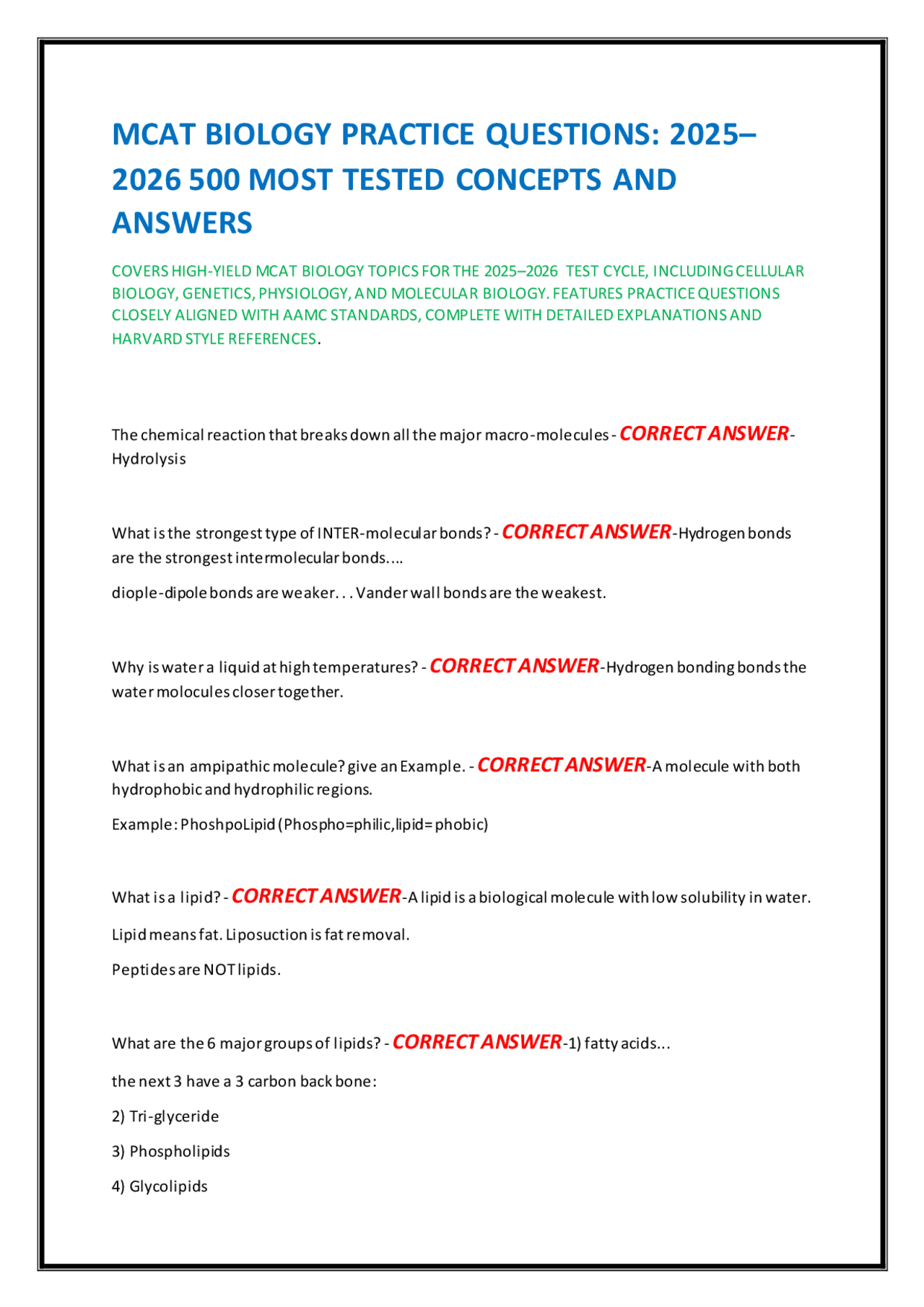 MCAT BIOLOGY PRACTICE QUESTIONS: 2025–2026 500 MOST TESTED CONCEPTS AND ...