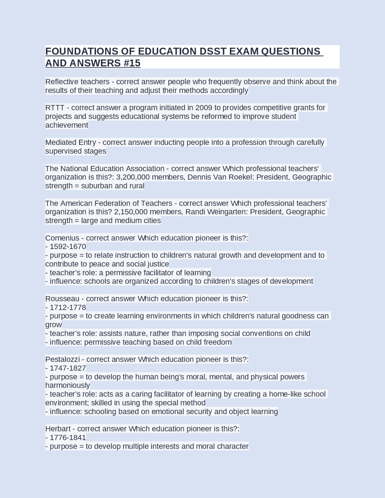 FOUNDATIONS OF EDUCATION DSST EXAM QUESTIONS AND ANSWERS #15 | Exams ...
