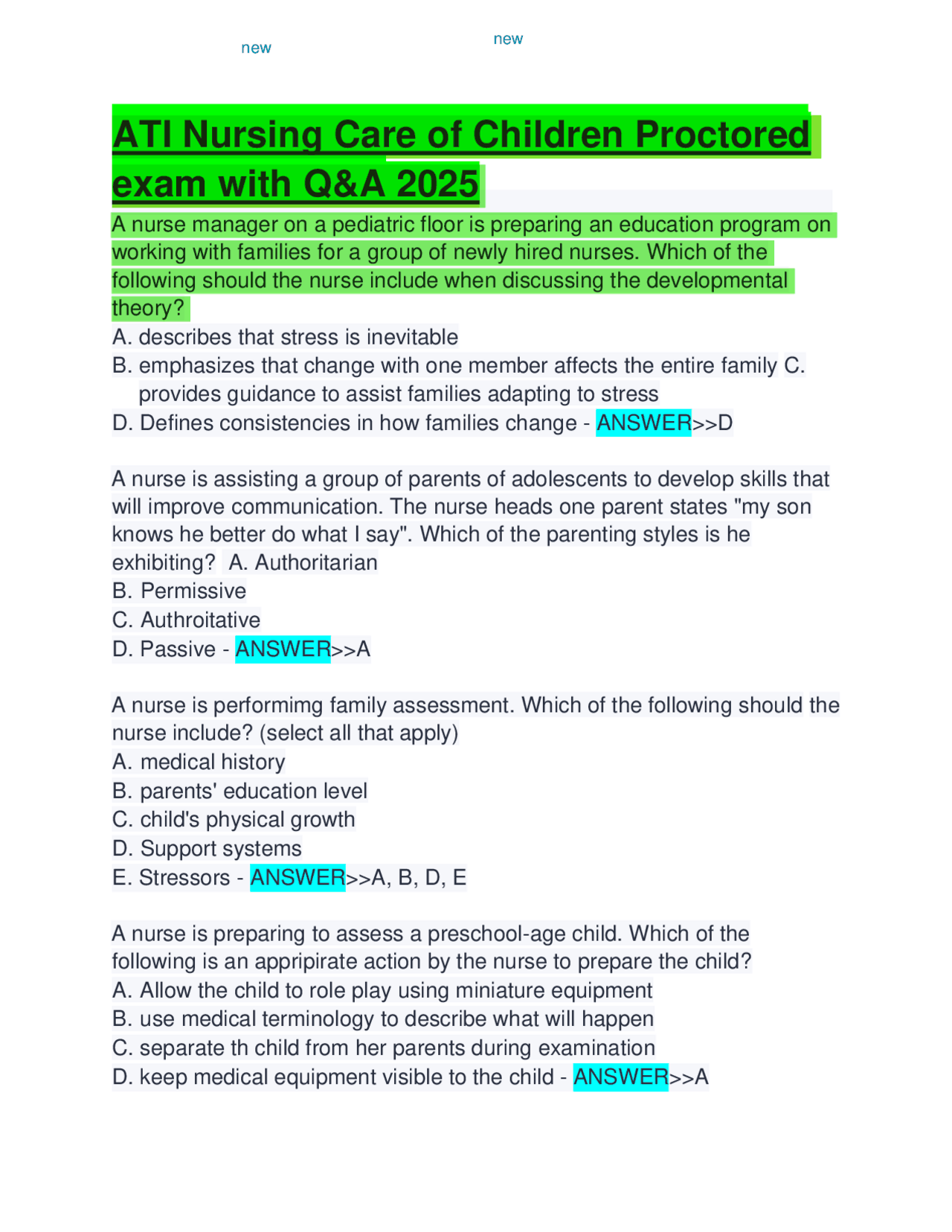 ATI Nursing Care of Children Proctored exam with Q&A 2025 | Exams ...