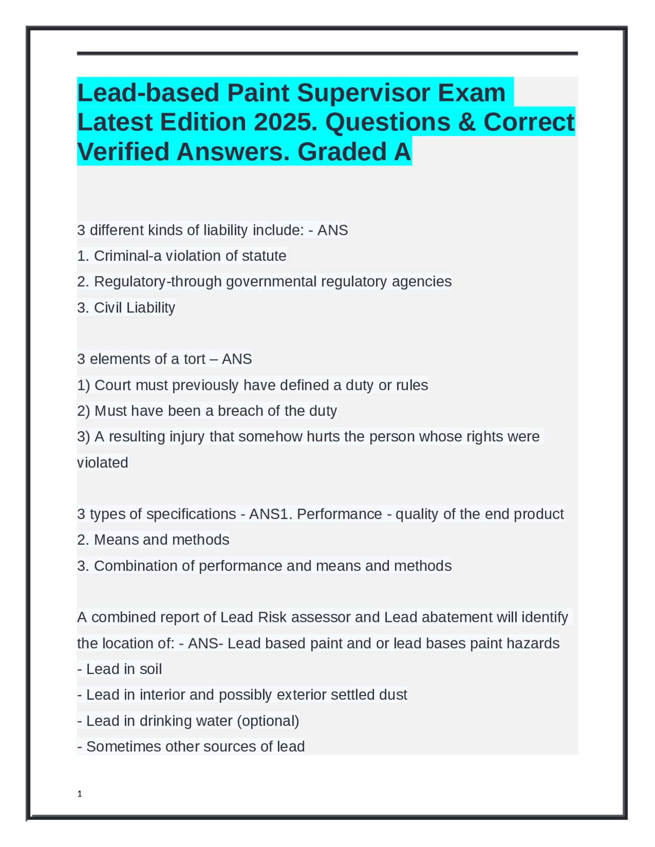 Lead-based Paint Supervisor Exam Latest Edition 2025. Questions ...