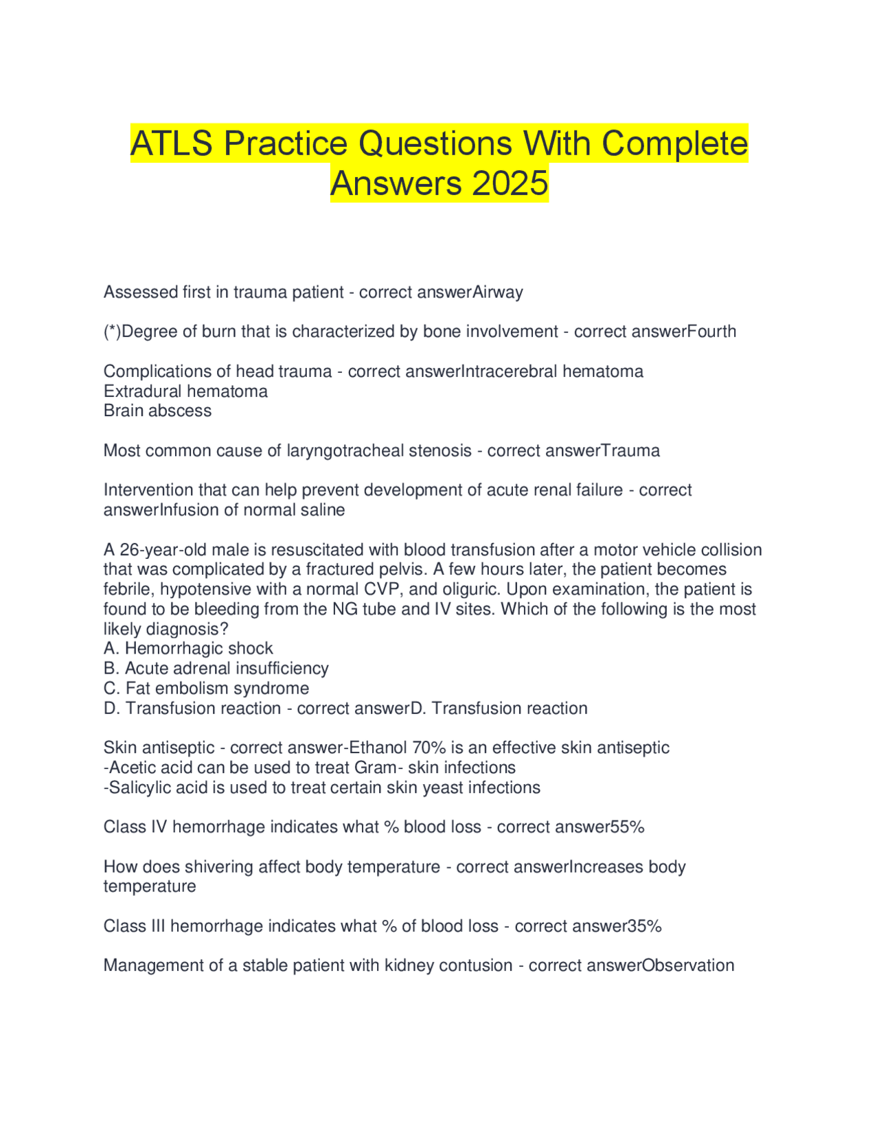 ATLS Practice Questions With Complete Answers 2025 | Exams Nursing ...
