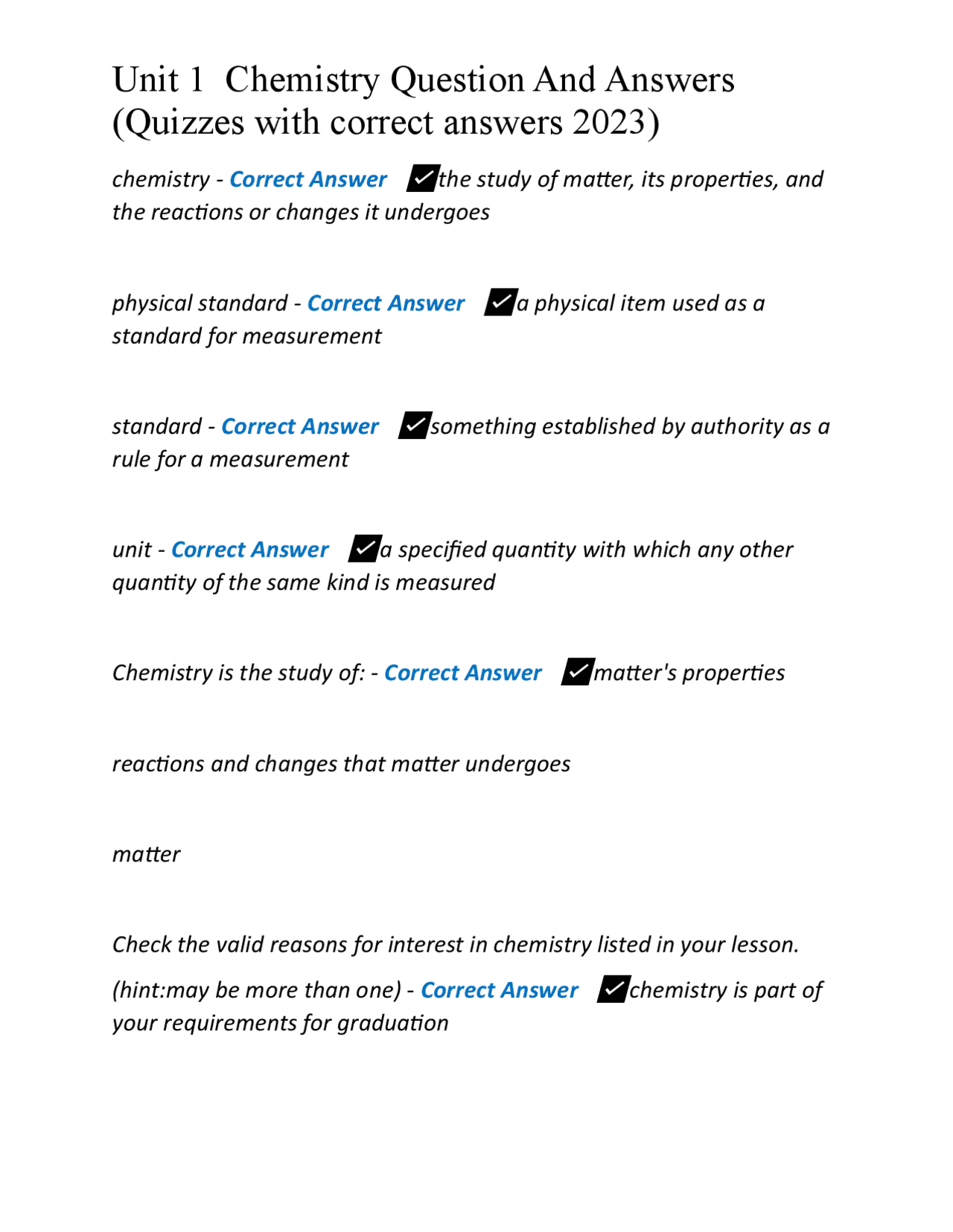 Unit 1 Chemistry Question And Answers (Quizzes with correct answers ...