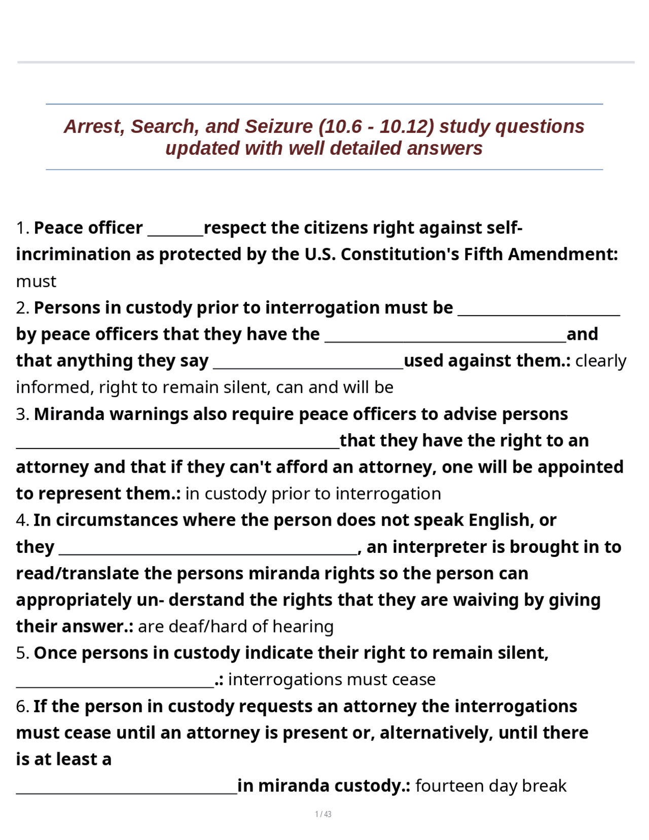 Arrest, Search, and Seizure (10.6 - 10.12) study questions updated with ...