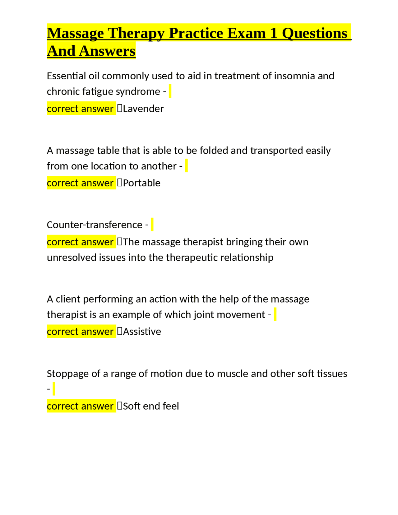 Massage Therapy Practice Exam 1 Questions And Answers | Exams ...