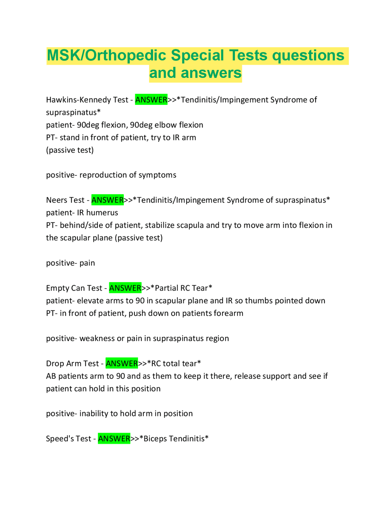 MSK/Orthopedic Special Tests questions and answers | Exams Advanced ...