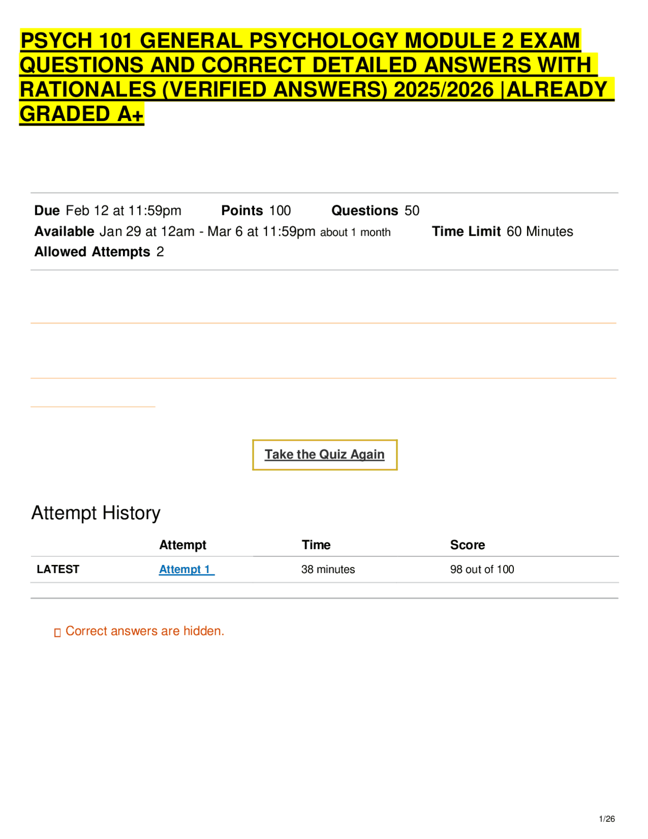 PSYCH 101 GENERAL PSYCHOLOGY MODULE 2 EXAM QUESTIONS AND CORRECT ...