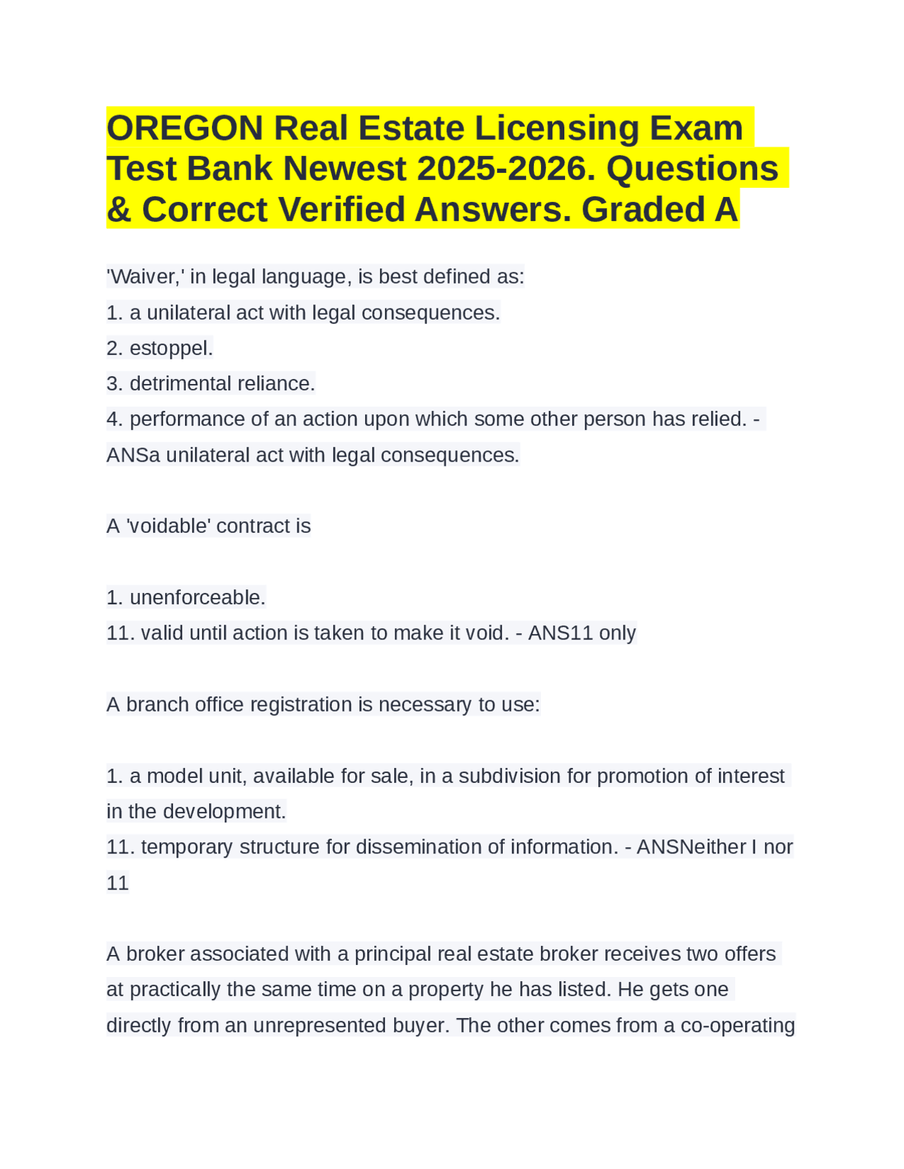 OREGON Real Estate Licensing Exam Test Bank Newest 2025-2026. Questions ...