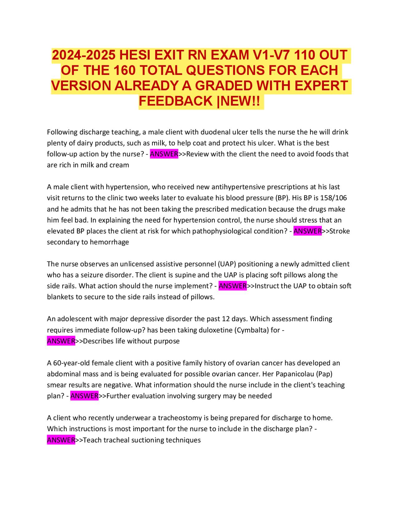 2024-2025 HESI EXIT RN EXAM V1-V7 110 OUT OF THE 160 TOTAL QUESTIONS ...