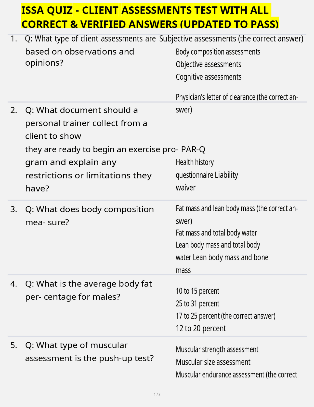 ISSA QUIZ - CLIENT ASSESSMENTS TEST WITH ALL CORRECT & VERIFIED ANSWERS ...