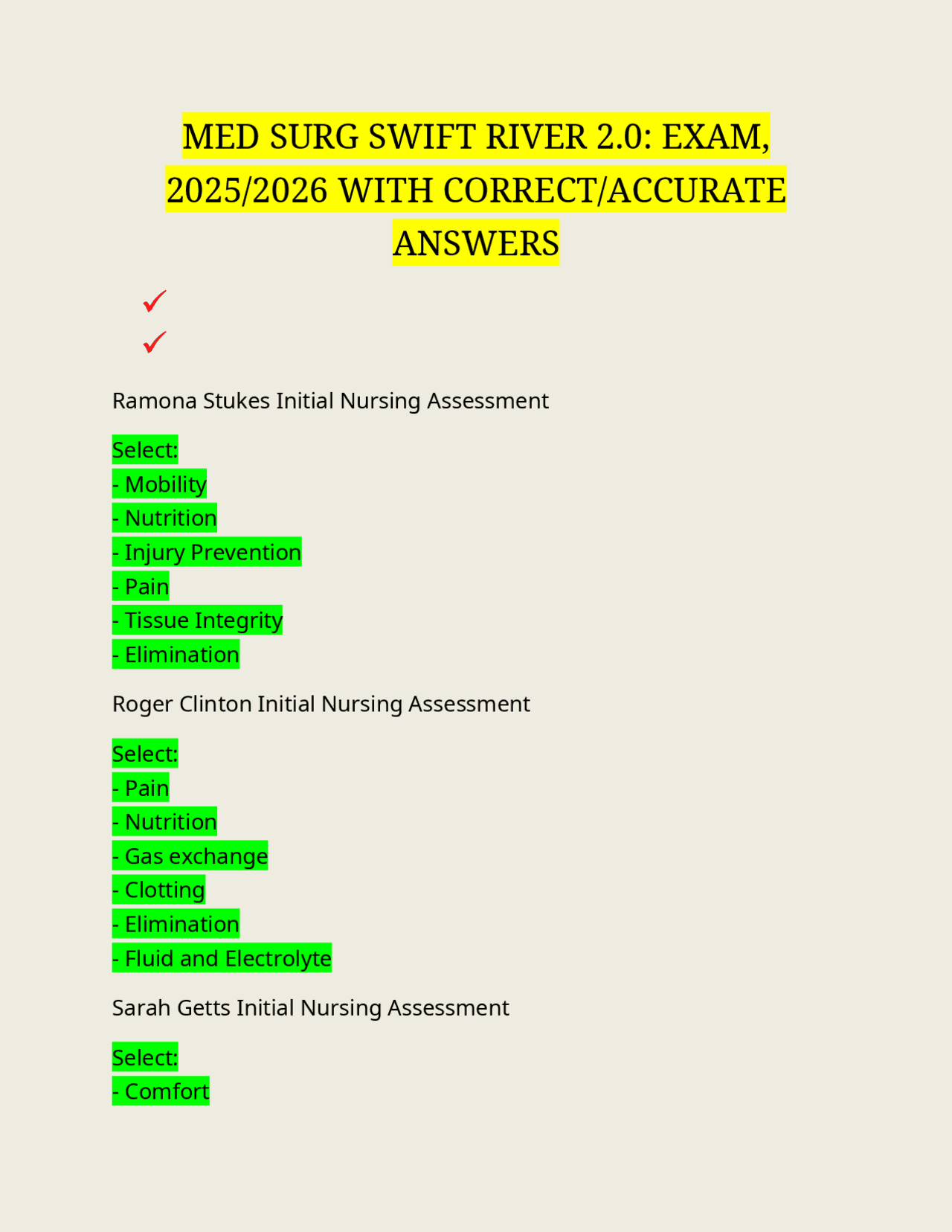 MED SURG SWIFT RIVER 2.0: EXAM, 2025/2026 WITH CORRECT/ACCURATE ANSWERS ...