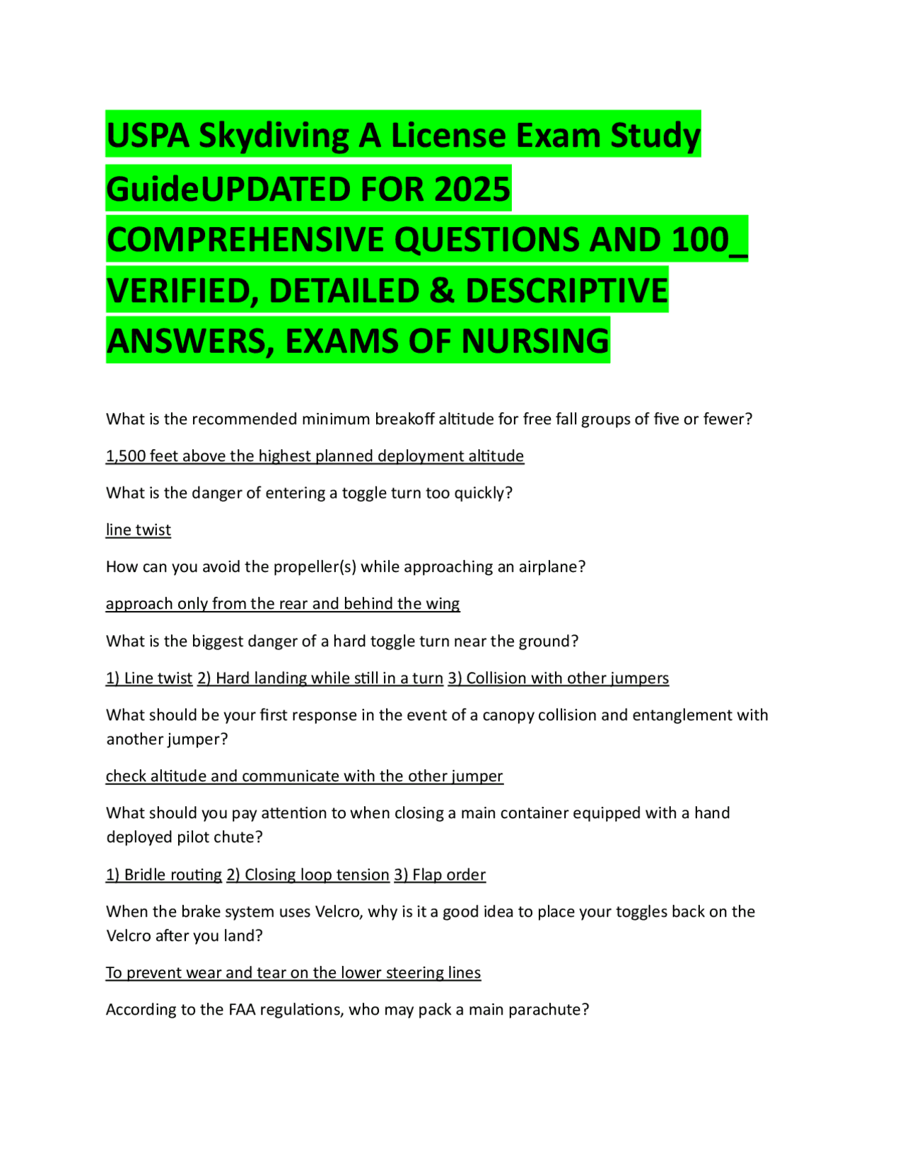 USPA Skydiving A License Exam Study GuideUPDATED FOR 2025 COMPREHENSIVE ...