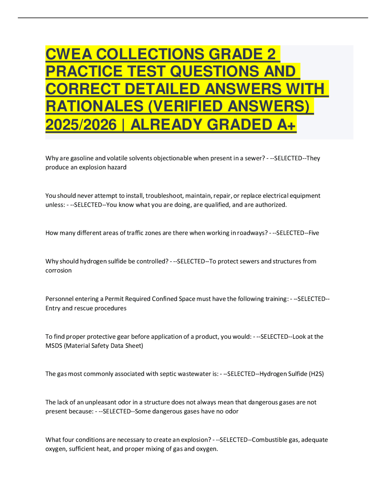 CWEA COLLECTIONS GRADE 2 PRACTICE TEST QUESTIONS AND CORRECT DETAILED ...