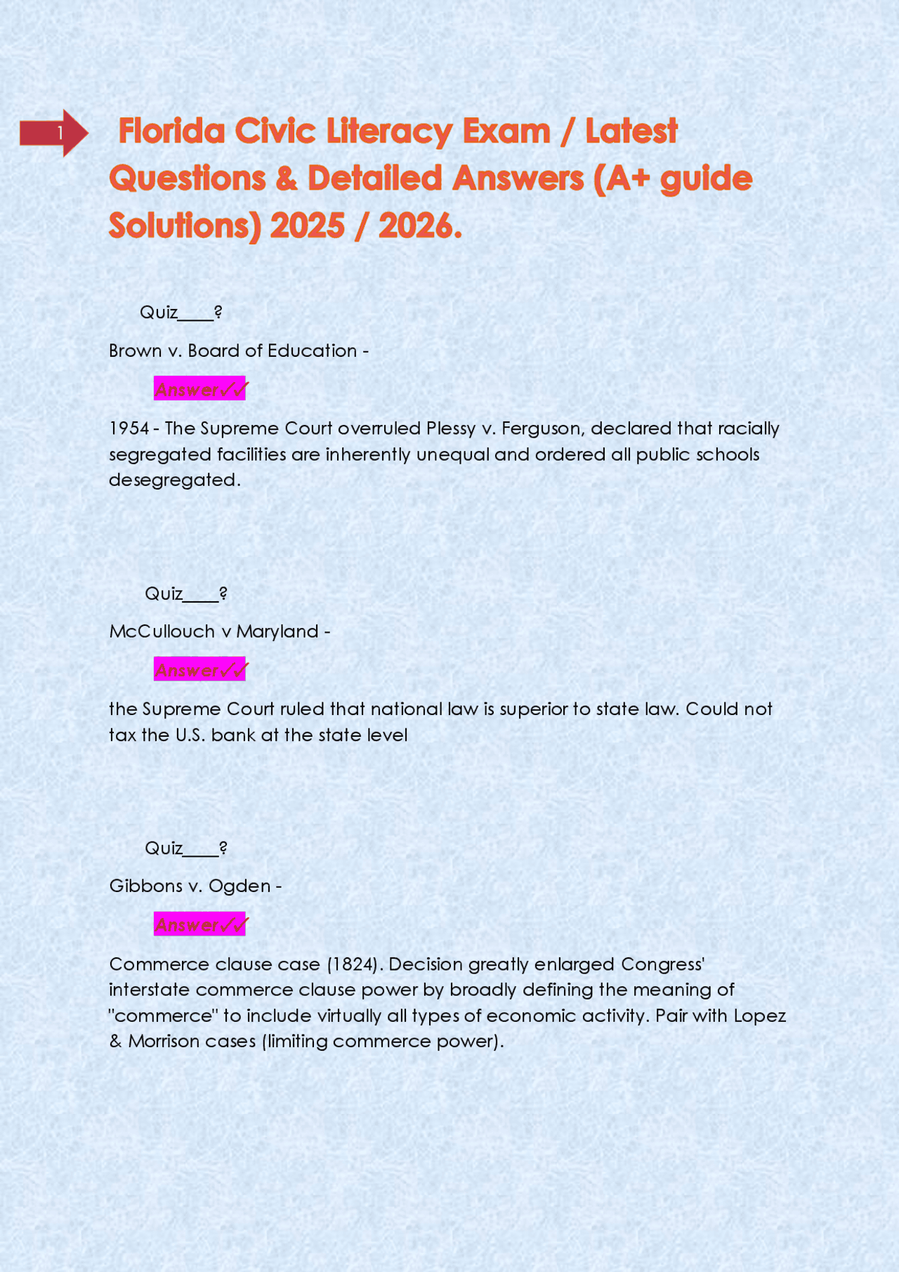 Florida Civic Literacy Exam / Latest Questions & Detailed Answers (A+ ...