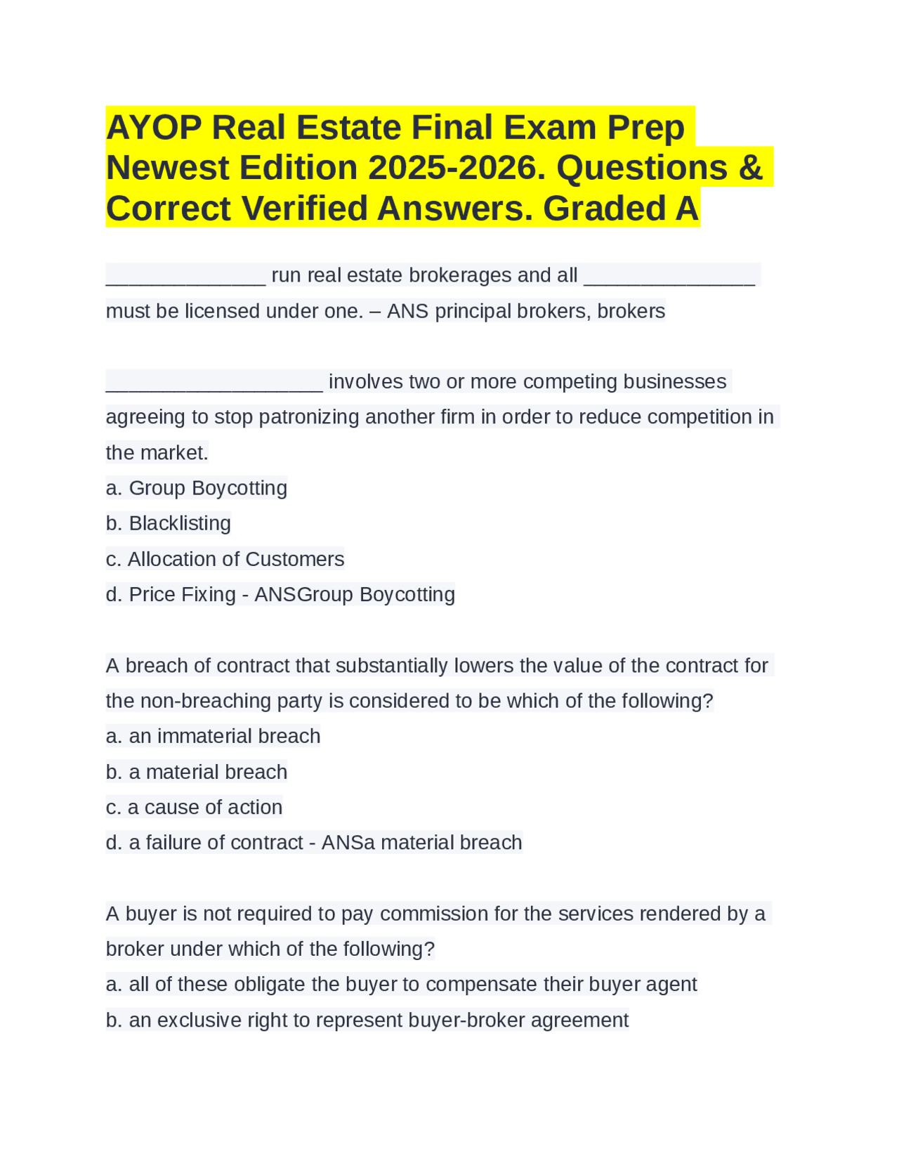 AYOP Real Estate Final Exam Prep Newest Edition 2025-2026. Questions ...