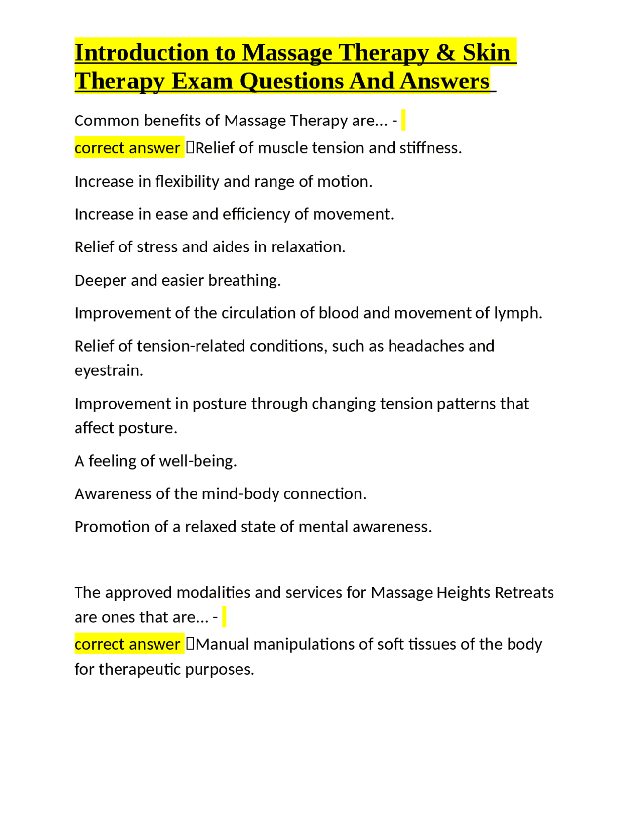 Introduction to Massage Therapy & Skin Therapy Exam Questions And ...