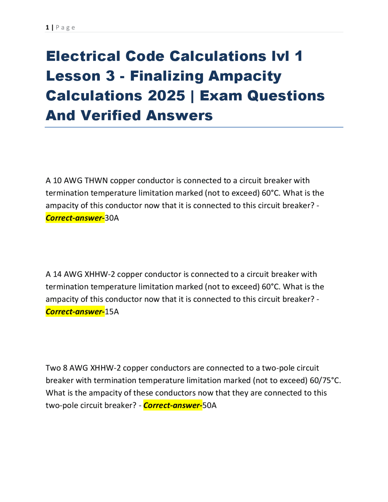 Electrical Code Calculations lvl 1 Lesson 3 - Finalizing Ampacity Calculations Exam 2025 | Exams ...