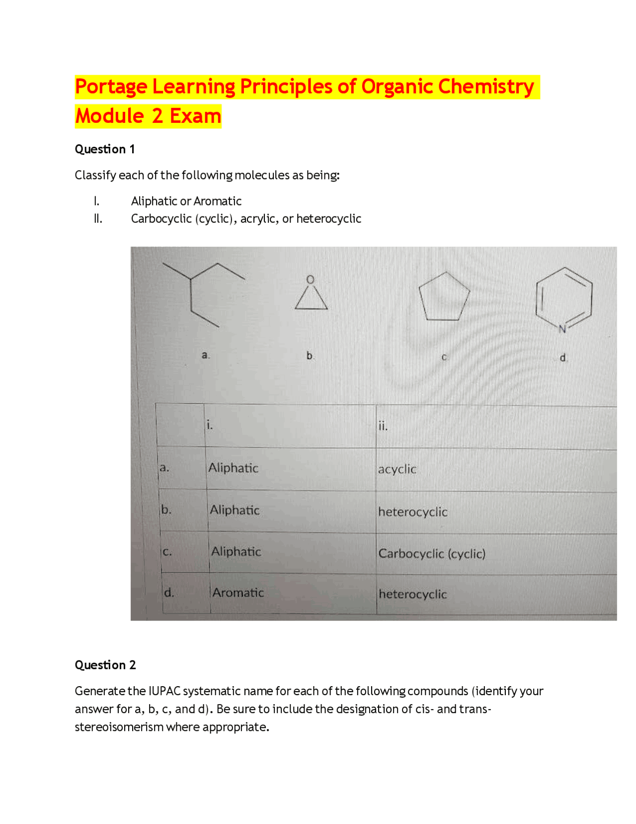 Portage Learning Principles of Organic Chemistry Module 2 Exam.pdf ...