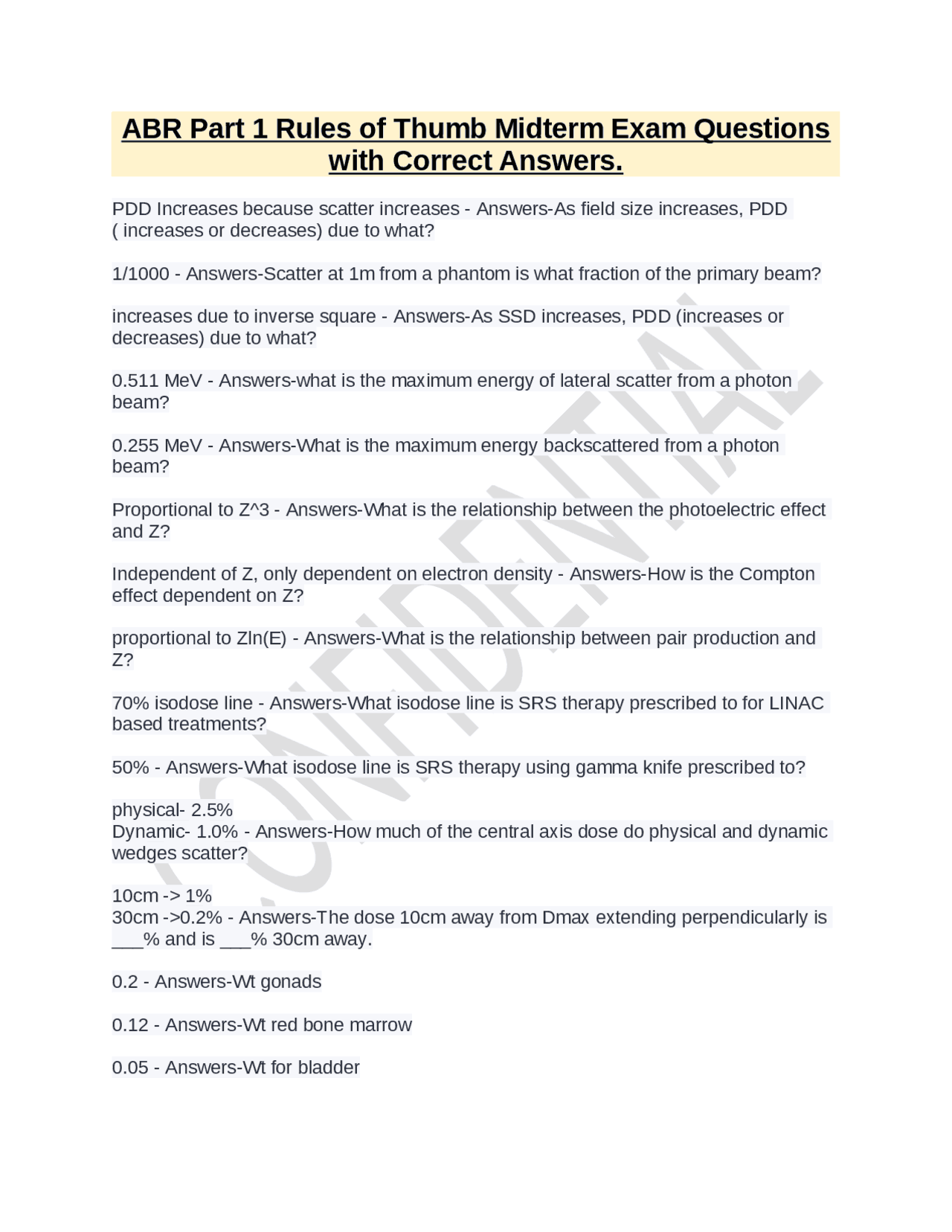 ABR Part 1 Rules of Thumb Midterm Exam Questions with Correct Answers ...